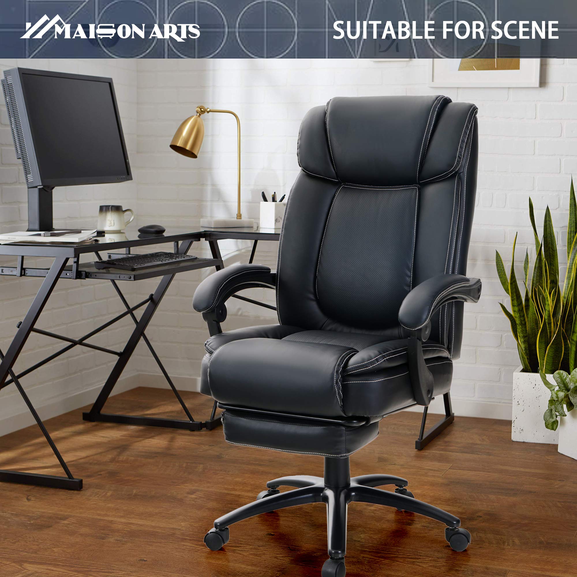 MAISON ARTS High Back Bonded Leather Reclining Office Chair Task Chair, Heavy Duty Executive Massage Computer Desk Chair with Retractable Footrest and Metal Base for Home Office