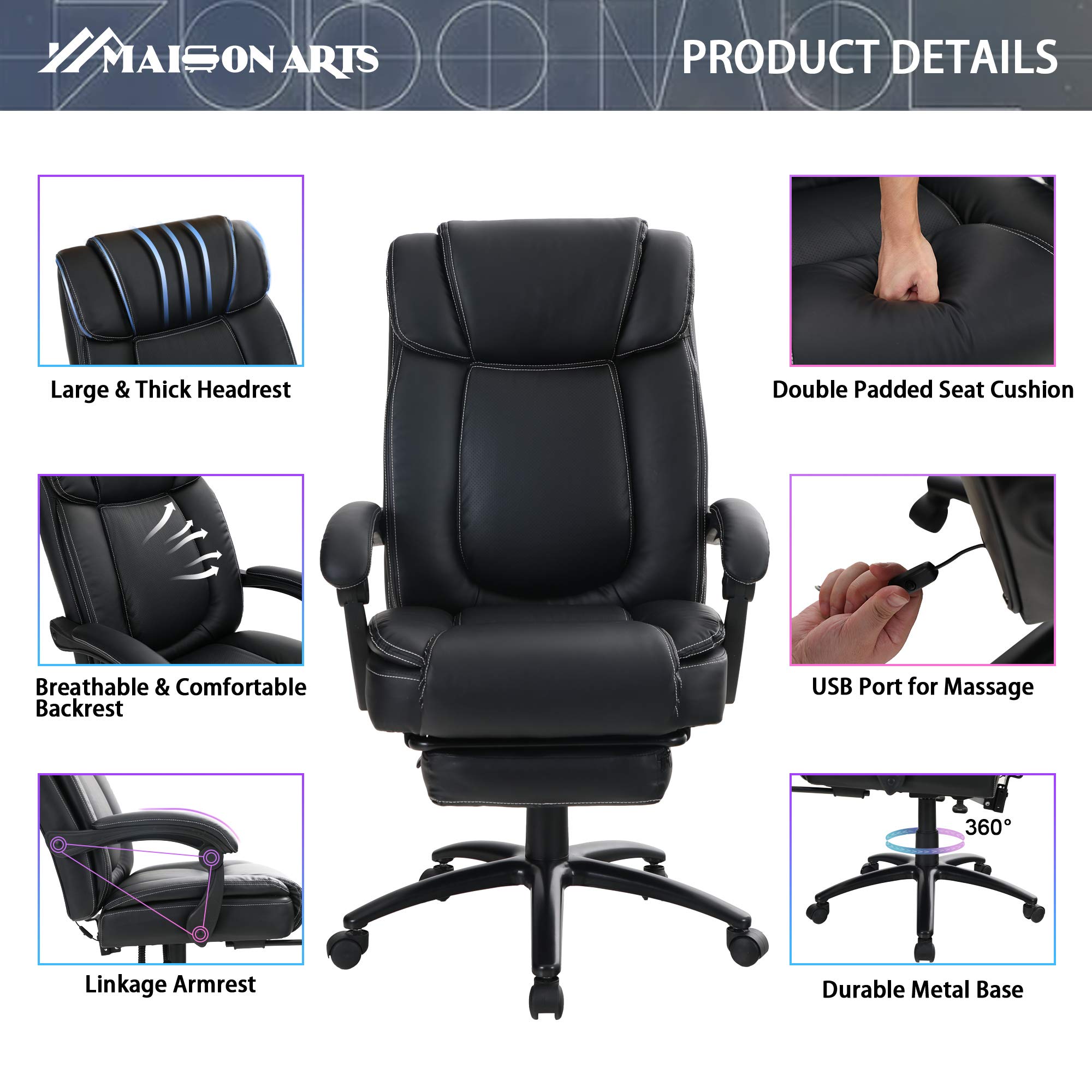 MAISON ARTS High Back Bonded Leather Reclining Office Chair Task Chair, Heavy Duty Executive Massage Computer Desk Chair with Retractable Footrest and Metal Base for Home Office