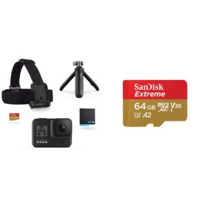 gopro pacchetto hero8 black - include shorty, cinghia per la testa, batteria di riserva e scheda di memoria da 32 gb + kit di accessori