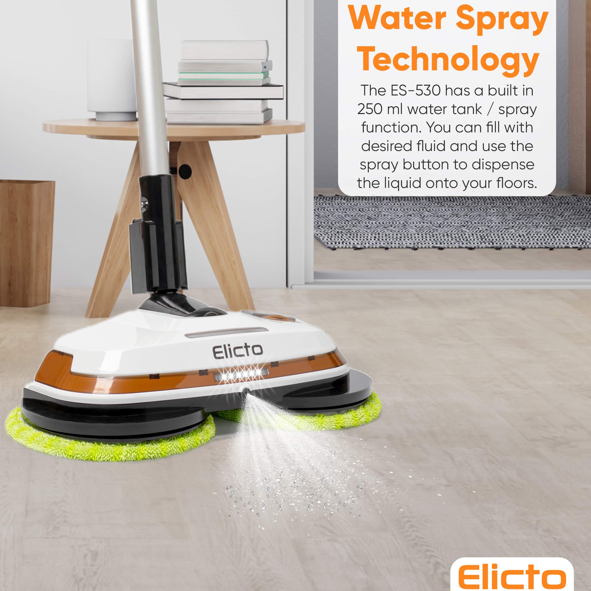 ELICTO ES530 - Electronic Dual Spin Mop and Polisher - Water Spray - Adjustable Height - LED - Reusable Microfiber Pads - All Hard Surfaces - New IMPROVEMENTS 2022