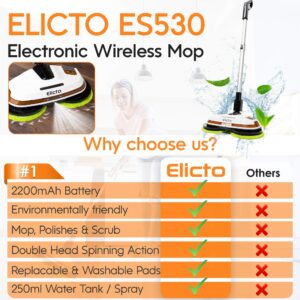 ELICTO ES530 - Electronic Dual Spin Mop and Polisher - Water Spray - Adjustable Height - LED - Reusable Microfiber Pads - All Hard Surfaces - New IMPROVEMENTS 2022