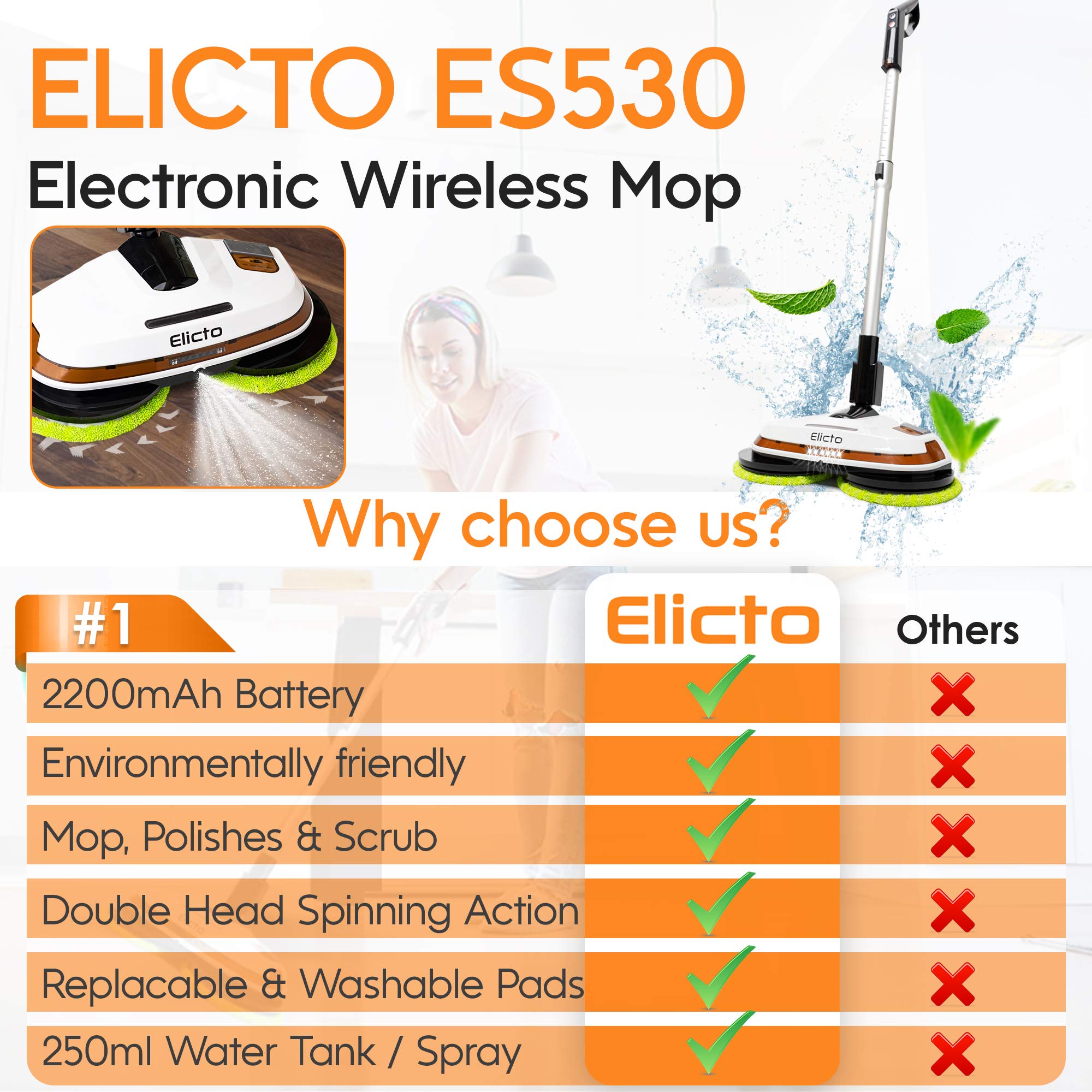 ELICTO ES530 - Electronic Dual Spin Mop and Polisher - Water Spray - Adjustable Height - LED - Reusable Microfiber Pads - All Hard Surfaces - New IMPROVEMENTS 2022