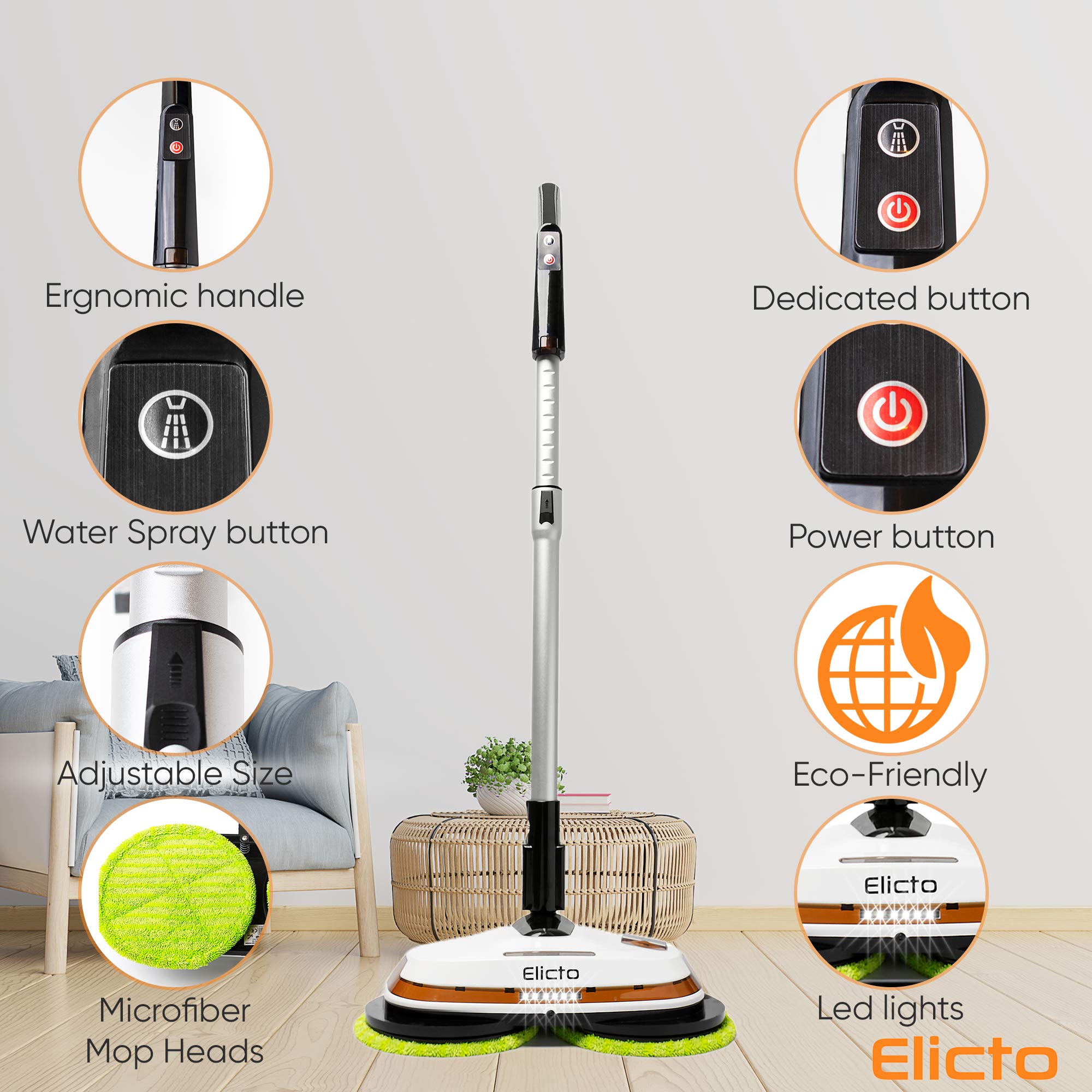 ELICTO ES530 - Electronic Dual Spin Mop and Polisher - Water Spray - Adjustable Height - LED - Reusable Microfiber Pads - All Hard Surfaces - New IMPROVEMENTS 2022