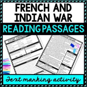 french and indian war reading passages questions and text marking + word search