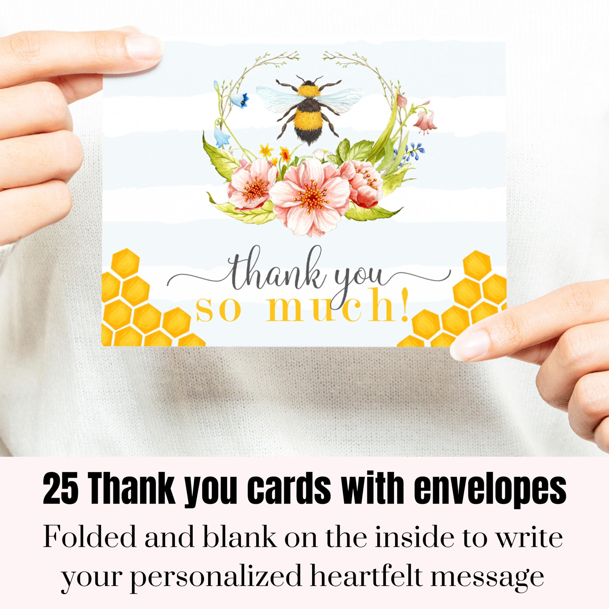 Paper Clever Party Bee Thank You Cards with Envelopes for Baby Shower, Gender Reveal, Wedding, Everyday Occasions, Rustic Bumblebee and Floral Stationery Simple Folded Note Set, 25 Pack