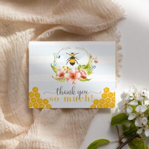 Paper Clever Party Bee Thank You Cards with Envelopes for Baby Shower, Gender Reveal, Wedding, Everyday Occasions, Rustic Bumblebee and Floral Stationery Simple Folded Note Set, 25 Pack