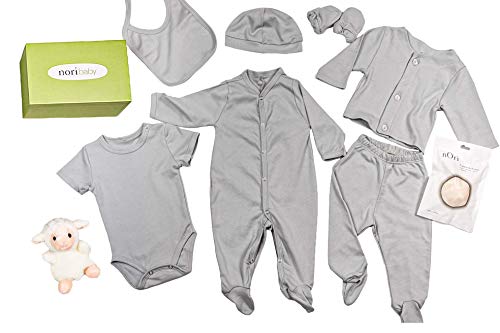 NORibaby Baby Gift Set. 9 Pieces/PIMA Cotton/KONJAC Sponge/Plush/Newborn Baby kit (Grey, 3-6 Months)