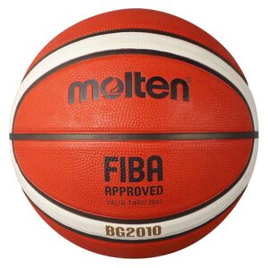 molten bg2010 basketball, indoor/outdoor, fiba approved, premium rubber, deep channel, size 5, orange/ivory, suitable for boys age 7, 8, 9, 10 & 11, girls age 12 & 13