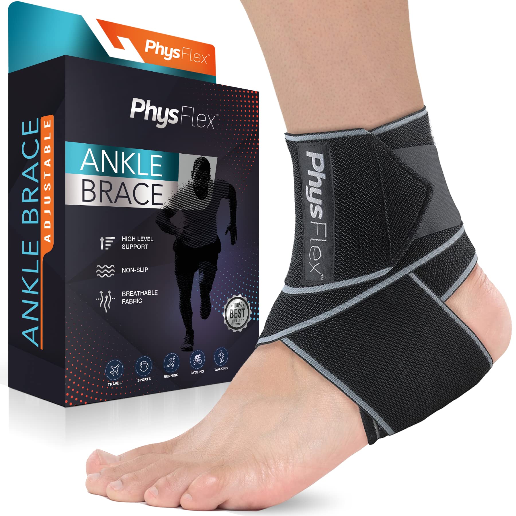 PhysFlex Ankle Brace - Compression Sleeve with Adjustable Strap & Comfy Ankle Support Perfect for Sprained Ankle, Achilles Tendon, Plantar Fasciitis & Sports - Ideal for Men & Women (1, Gray)