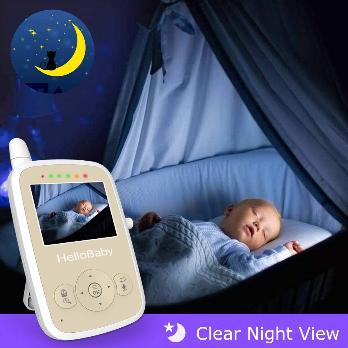 HelloBaby Video Monitor with Remote PTZ Camera, Video Baby Monitor with Audio Sensor, 2-Way Communication,Auto Night Vision,Digital Zoom,Room Temperature Monitoring