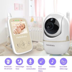 HelloBaby Video Monitor with Remote PTZ Camera, Video Baby Monitor with Audio Sensor, 2-Way Communication,Auto Night Vision,Digital Zoom,Room Temperature Monitoring