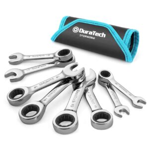 duratech stubby ratcheting combination wrench set, metric, 8-piece, 10, 11, 13, 14, 16, 17, 18, 19mm, cr-v steel, with pouch