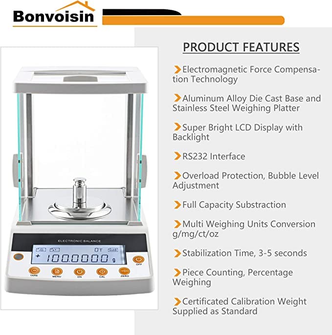 Bonvoisin Digital Analytical Balance 0.1mg High Precision Lab Scale CE Certificated Electronic Balance 0.0001g Scientific Laboratory Scale (220g, 0.1mg)