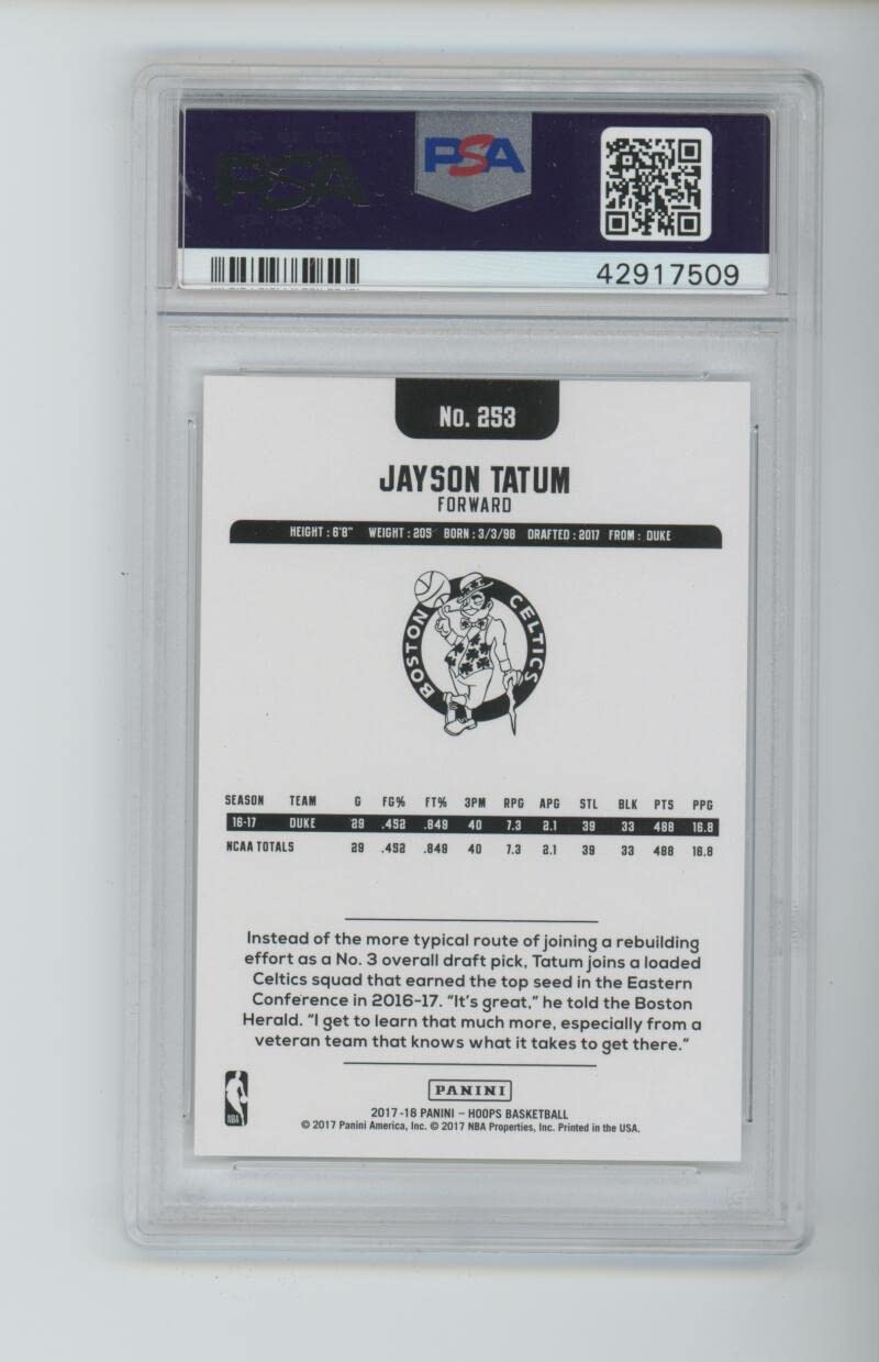 2017-18 Panini Jayson Tatum #253 Hoops Jason Tatum Boston Celtics ROOKIE RC GEM MT MINT PSA 10 Graded NBA Basketball Card