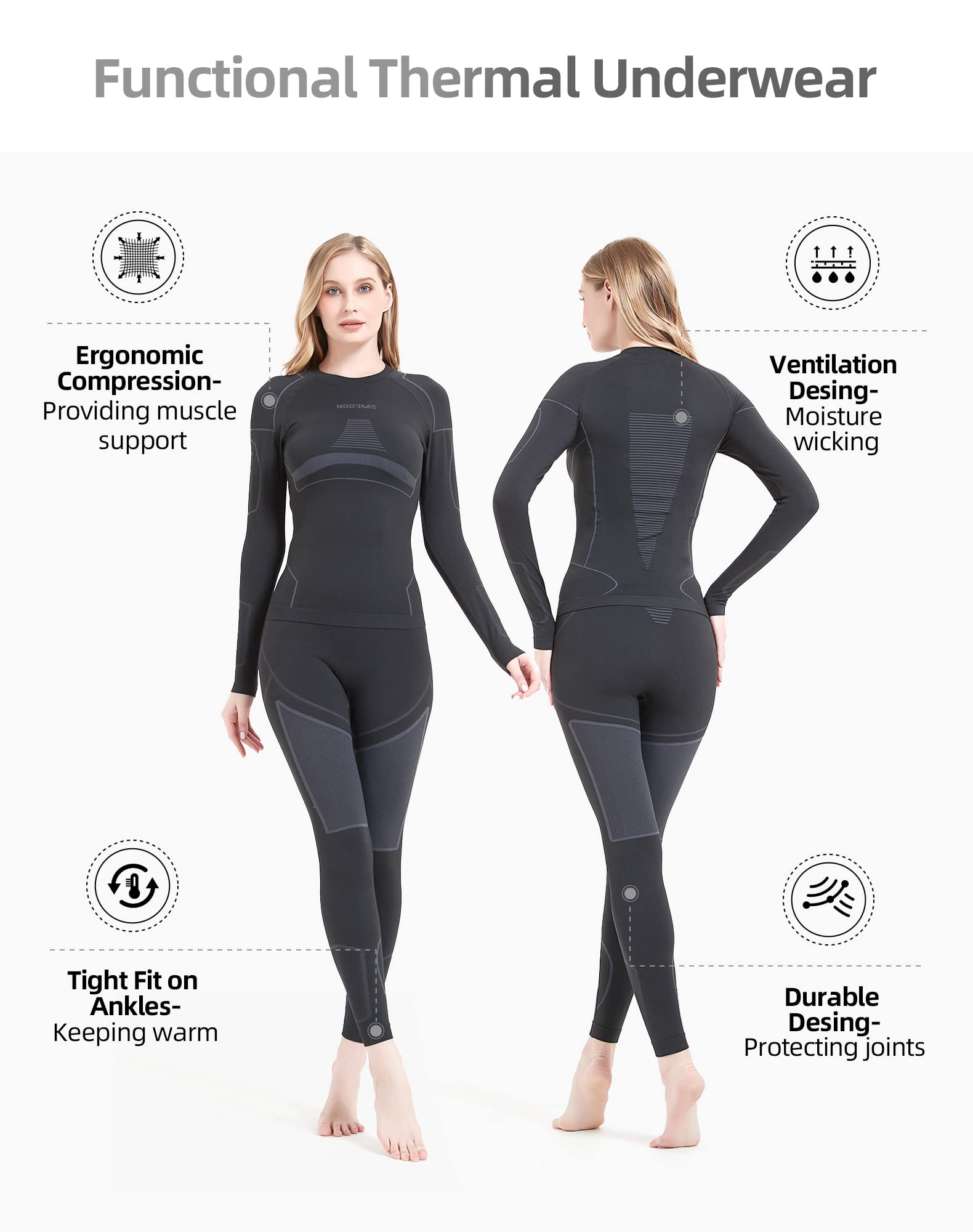 NOOYME Thermal Underwear for Women Long Johns for Women, Base Layer Women Black-grey