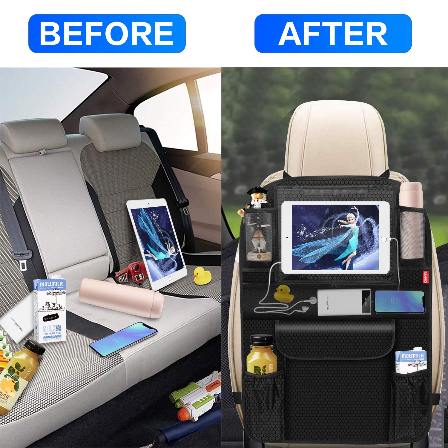 BANNIO Car Backseat Organizer,(2 Pack) Car Back Seat Storage Organizer, Kick Mat Seat Protector with 11" Tablet Holder for Kids Toddlers,8 Storage Pockets,Travel Accessories,Black