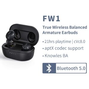 FiiO Wireless Earbuds Bluetooth 5.0 TWS+ Supports aptX/SBC/AAC 21 Hours Playtime CVC 8.0 Noise Cancelling Pumping Bass FW1