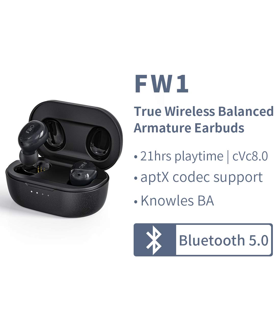 FiiO Wireless Earbuds Bluetooth 5.0 TWS+ Supports aptX/SBC/AAC 21 Hours Playtime CVC 8.0 Noise Cancelling Pumping Bass FW1