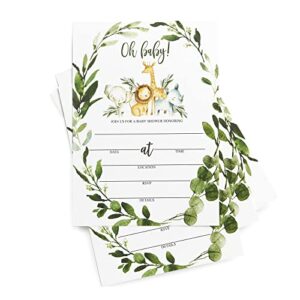 25 Wreath Safari Greenery Baby Shower Invitations (Large Size 5X7 inches), Diaper Raffle Tickets, Baby Shower Book Request Cards with Envelopes Jungle Animal Invites for Boy Neutral Baby Showers