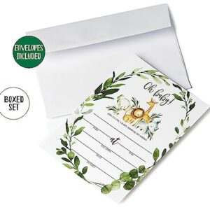 25 Wreath Safari Greenery Baby Shower Invitations (Large Size 5X7 inches), Diaper Raffle Tickets, Baby Shower Book Request Cards with Envelopes Jungle Animal Invites for Boy Neutral Baby Showers