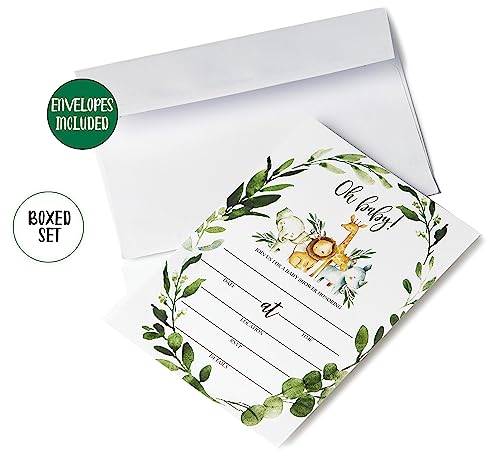 25 Wreath Safari Greenery Baby Shower Invitations (Large Size 5X7 inches), Diaper Raffle Tickets, Baby Shower Book Request Cards with Envelopes Jungle Animal Invites for Boy Neutral Baby Showers