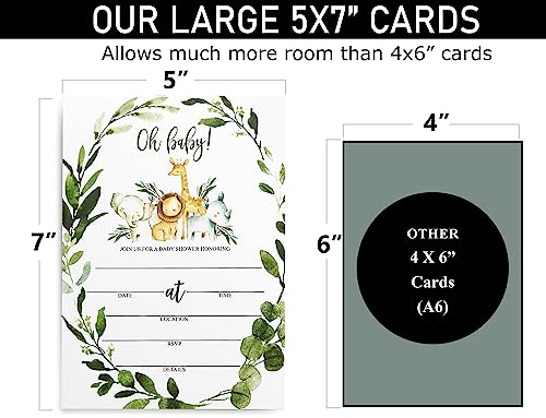 25 Wreath Safari Greenery Baby Shower Invitations (Large Size 5X7 inches), Diaper Raffle Tickets, Baby Shower Book Request Cards with Envelopes Jungle Animal Invites for Boy Neutral Baby Showers