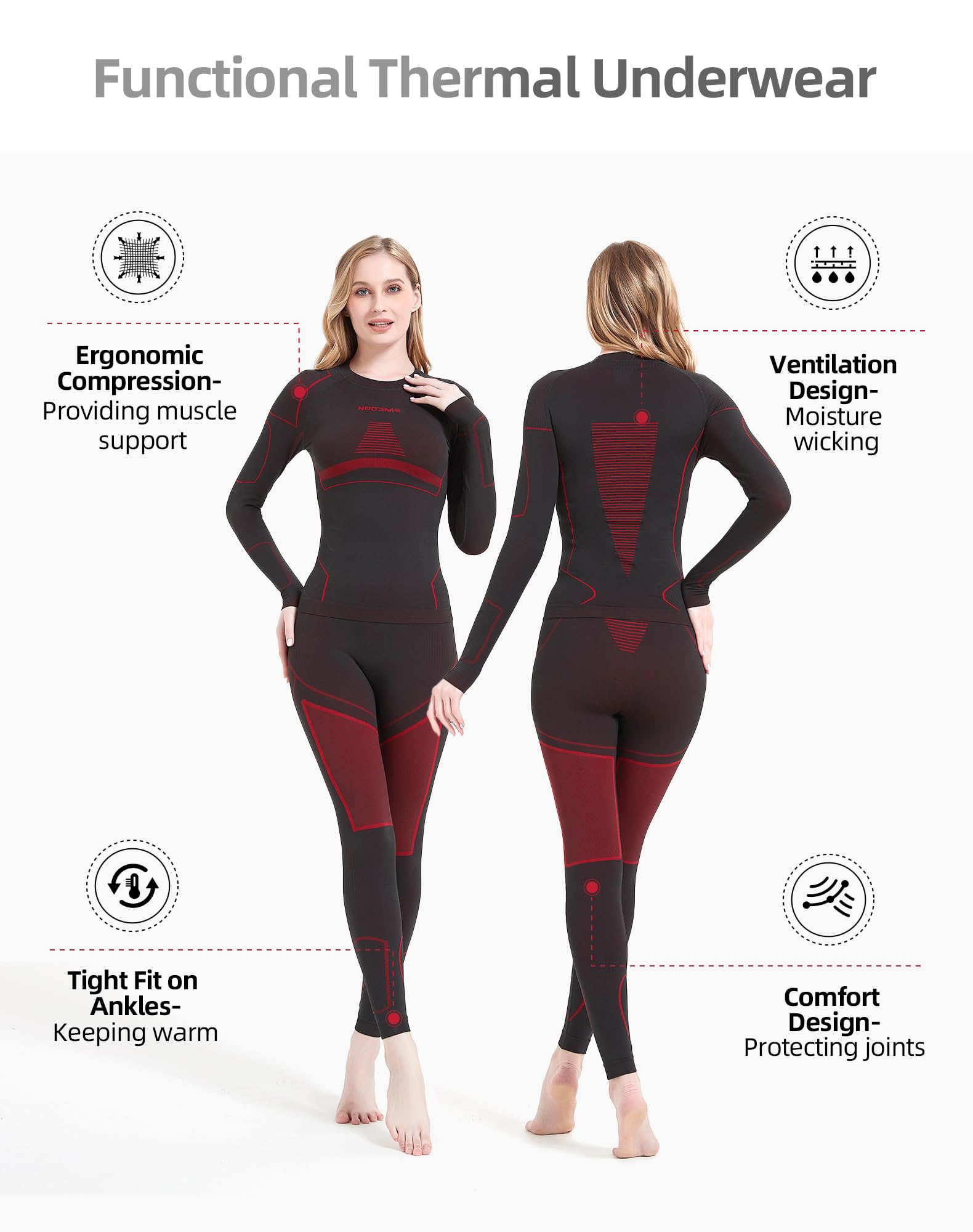 NOOYME Thermal Underwear for Women Long Johns for Women, Base Layer Women Black-red