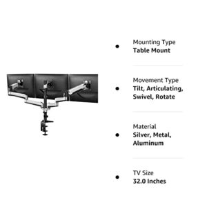 HUANUO Triple Monitor Stand - Full Motion Articulating Gas Spring Monitor Mount Fit Three 17 to 32 inch Flat/Curved LCD Computer Screens with Clamp, Grommet Kit, Silver