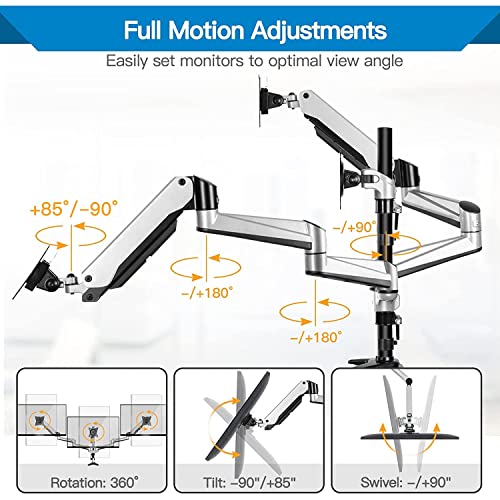 HUANUO Triple Monitor Stand - Full Motion Articulating Gas Spring Monitor Mount Fit Three 17 to 32 inch Flat/Curved LCD Computer Screens with Clamp, Grommet Kit, Silver