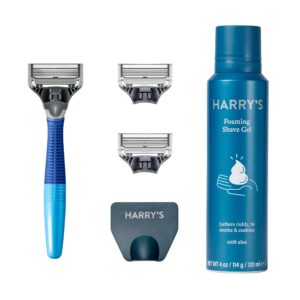 harry's razors for men - shaving kit for men includes a mens razor handle, 3 razor blade refills, travel blade cover, and 4 oz shave gel