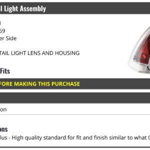 Marketplace Auto Parts Left Driver Side Tail Light Assembly - Compatible with 2006-2009 Ford Fusion