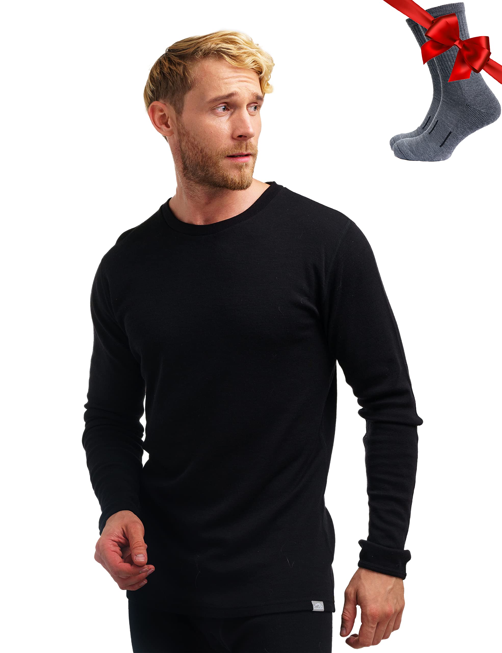 Merino.tech Merino Wool Base Layer - Mens 100% Merino Wool Long Sleeve Thermal Shirts Lite, Midweight, Heavyweight + Socks (Large, Black 250)