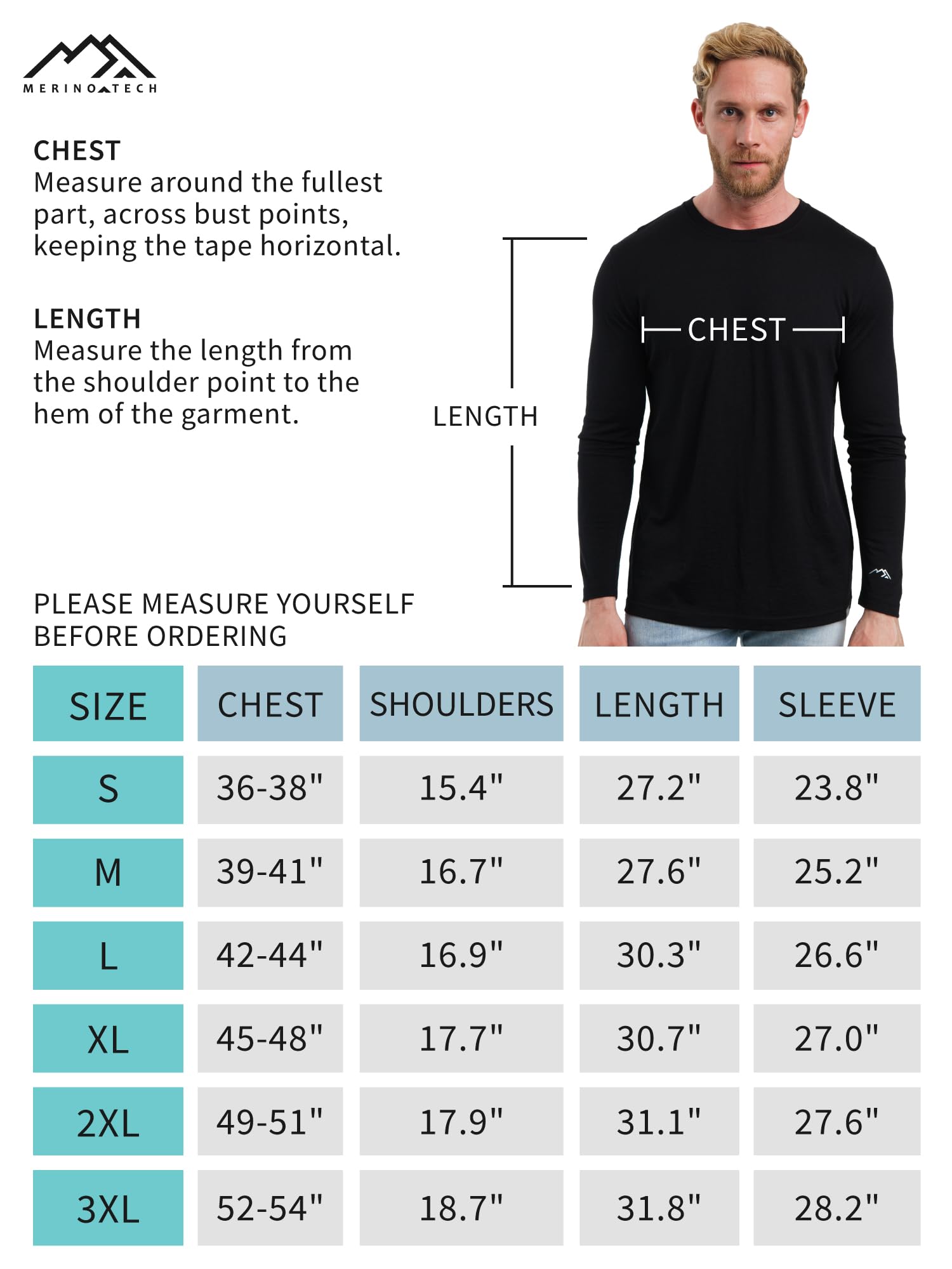 Merino.tech Merino Wool Base Layer - Mens 100% Merino Wool Long Sleeve Thermal Shirts Lite, Midweight, Heavyweight + Socks (Large, Black 250)