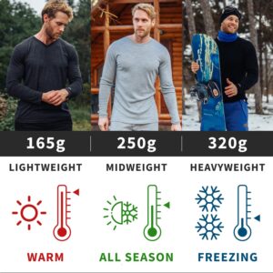 Merino.tech Merino Wool Base Layer - Mens 100% Merino Wool Long Sleeve Thermal Shirts Lite, Midweight, Heavyweight + Socks (Large, Black 250)