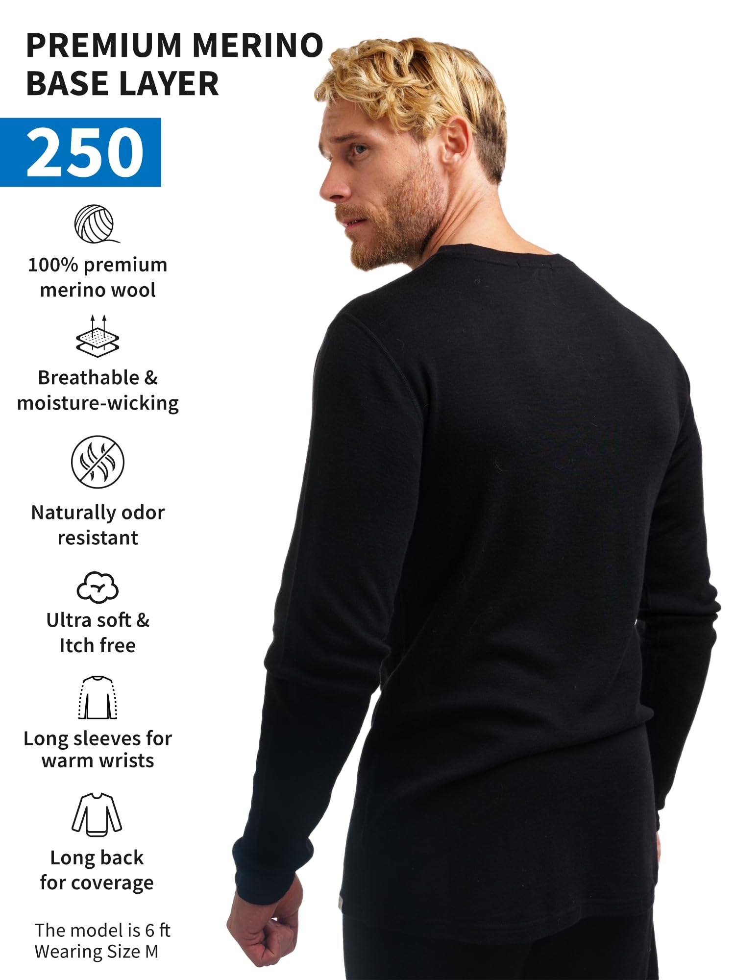 Merino.tech Merino Wool Base Layer - Mens 100% Merino Wool Long Sleeve Thermal Shirts Lite, Midweight, Heavyweight + Socks (Large, Black 250)