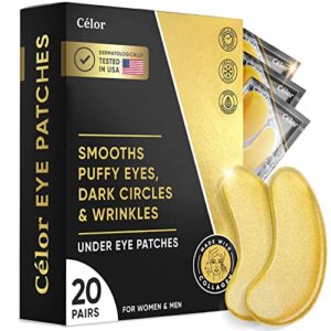 cÉlor under eye patches (20 pairs) - golden eye mask with amino acid & collagen, cooling eye care for wrinkles, puffy eyes & dark circles, skincare treatment for men & women, usa tested