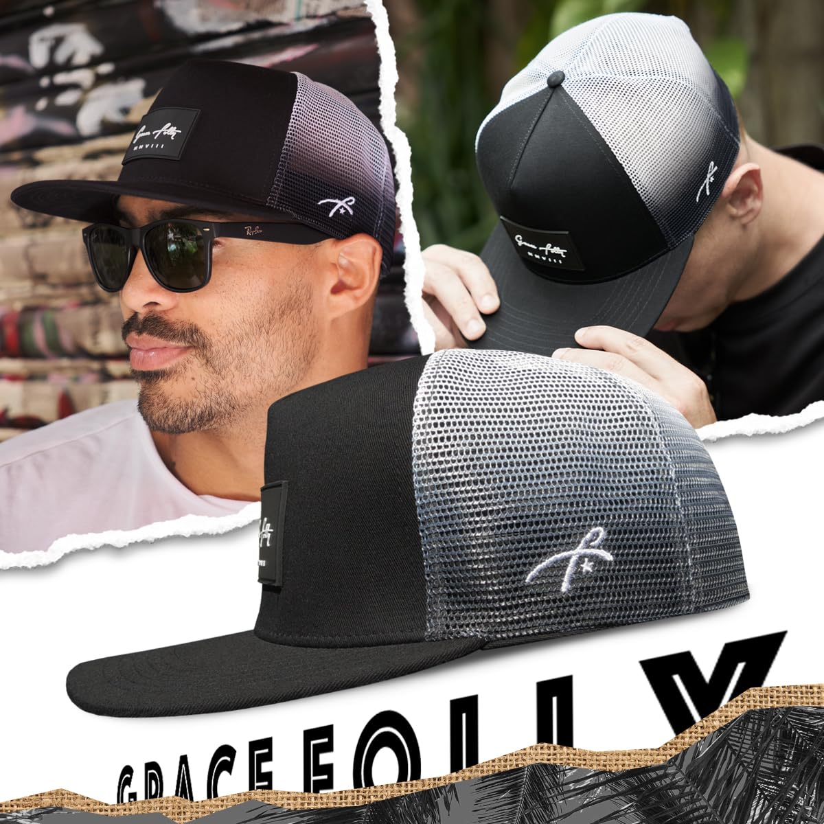 Grace Folly Trucker Hat for Men & Women. Snapback Mesh Caps (One Size, Black with Fade)