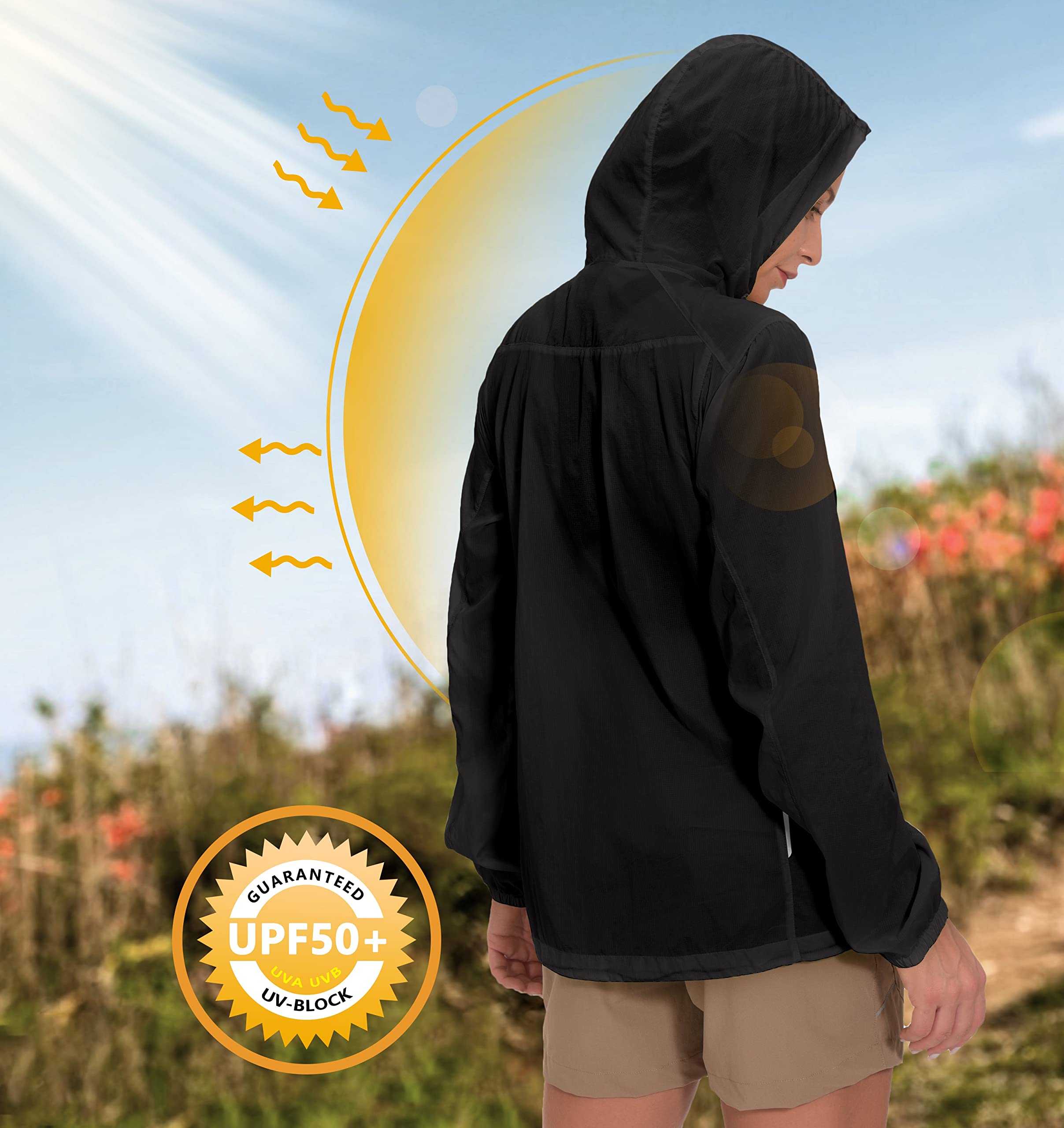 Little Donkey Andy Women's Full Zip Sun Protection Hoodie Jacket Long Sleeve Shirt Running Hiking Golf Water Repellent UPF50 Black Small