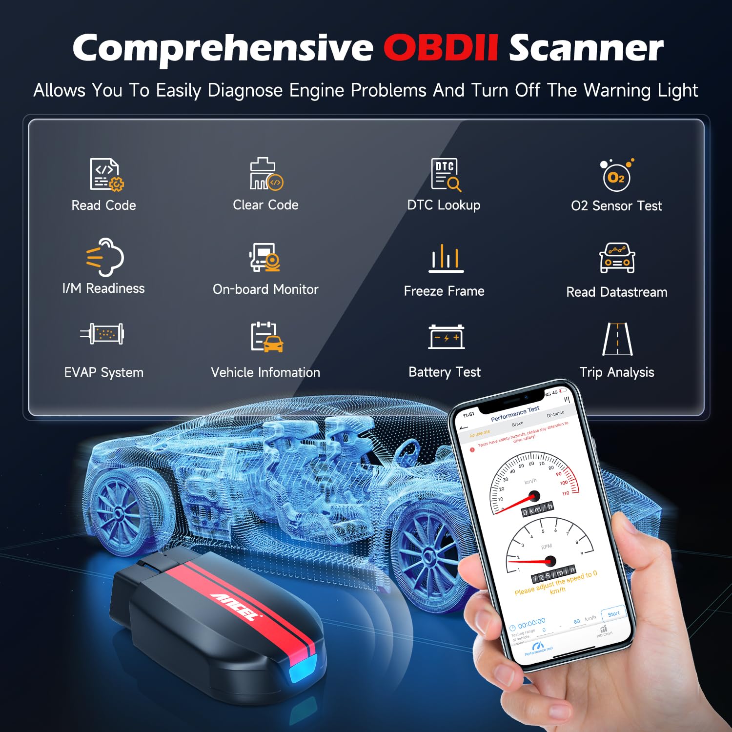 ANCEL BD200 OBD2 Scanner Bluetooth - Code Reader & Check Engine Diagnostic Scan Tools with Car Battery Test, Exclusive App On iOS & Android, Wireless OBDII Adapter Works for 1996 & Newer Vehicles