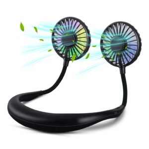 xinbaohong neck fan, portable usb rechargeable led fan headphone design hand free personal fan wearable cooler fan with dual wind head for traveling outdoor office (black)