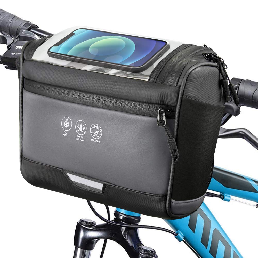 WOTOW Bike Front Handlebar Bag - Large Reflective Bicycle Handlebar Basket Bags Waterproof Storage Pannier for Bike Touchable Transparent Phone Holder Pouch for Men Women Road MTB Outdoor Cycling 3.5L