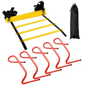 12 rung agility training ladder kit – with a carry bag, extra 5pcs of 6 inch speed hurdles– all purpose football soccer agility training fitness equipment