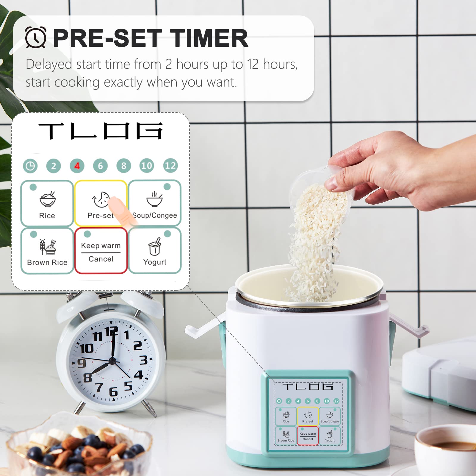 TLOG Mini Rice Cooker 2 Cups Uncooked,1.2L Portable Rice Cooker, Travel Rice Cooker Small for 1-2 People, Personal Rice Cooker, Food Steamer, Multi-cooker for Brown Rice, White Rice, Soup,Keep Warm