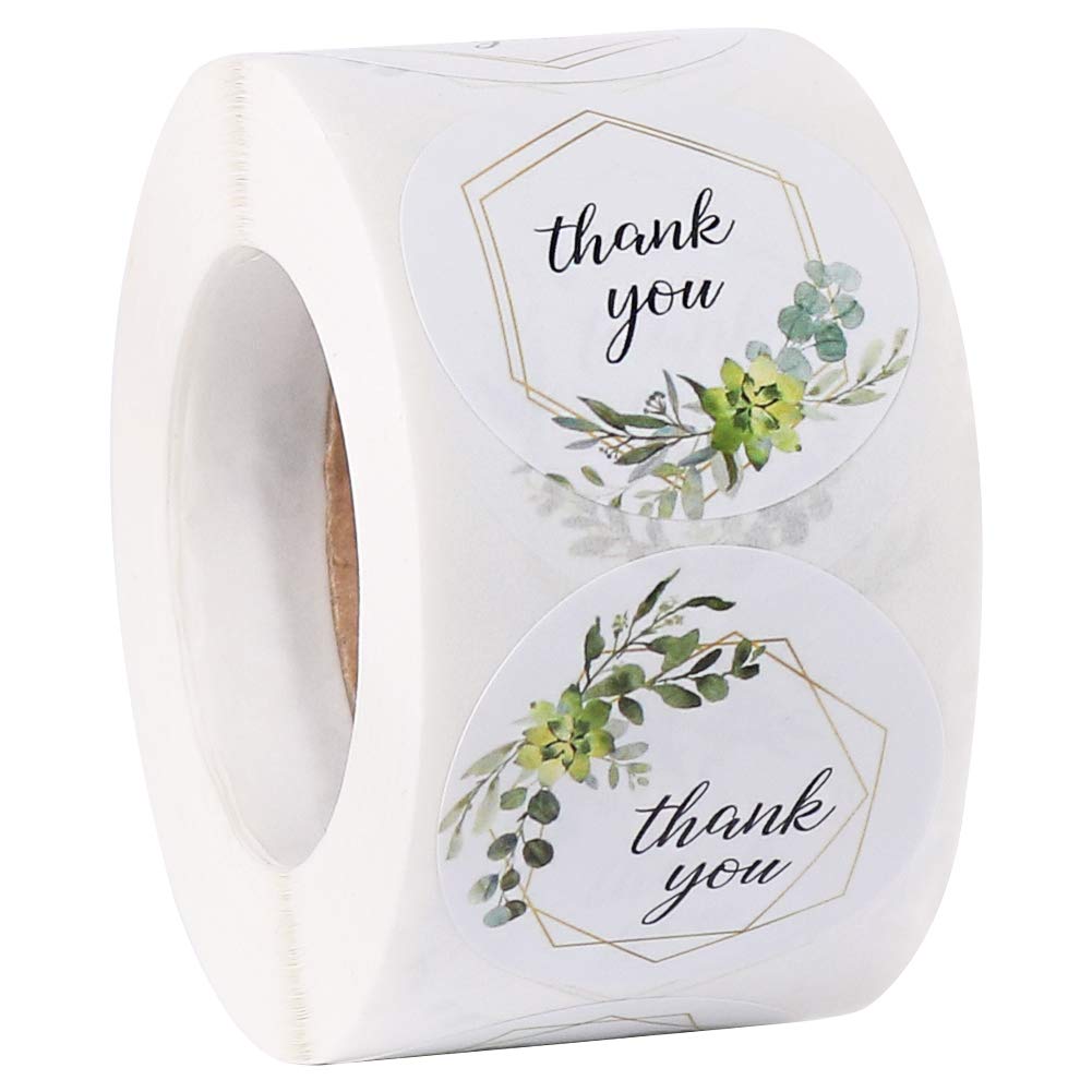 Thank You Stickers 500pcs A Roll, 1.5 inch Small Business Label 4 Greenery Designs Paper Mail Stickers for Envelope Gift Bags Treat Box