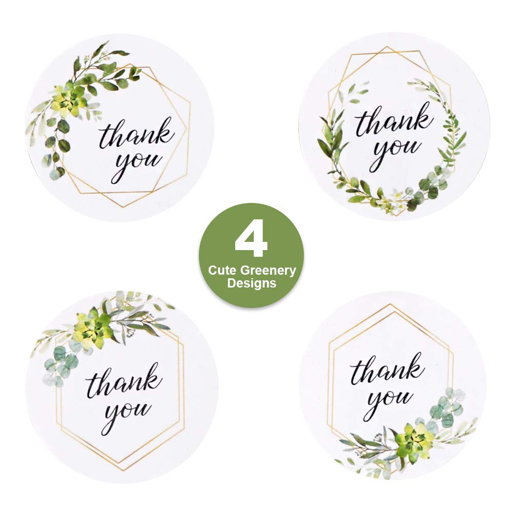 Thank You Stickers 500pcs A Roll, 1.5 inch Small Business Label 4 Greenery Designs Paper Mail Stickers for Envelope Gift Bags Treat Box