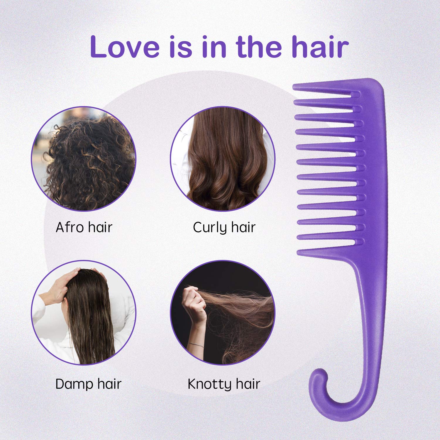 Wapodeai Wide Tooth Comb Detangling Hair Brush, Premium Care Handgrip Comb, Apply to For Curly, Wet, Dry, Thick Hair Etc. (Purple)