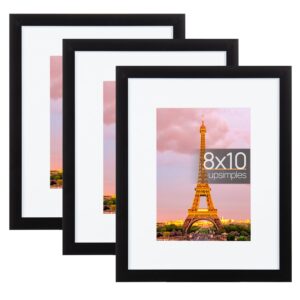 upsimples 8x10 picture frame set of 3, made of high definition glass for 5x7 with mat or 8x10 without mat, wall mounting photo frames, black