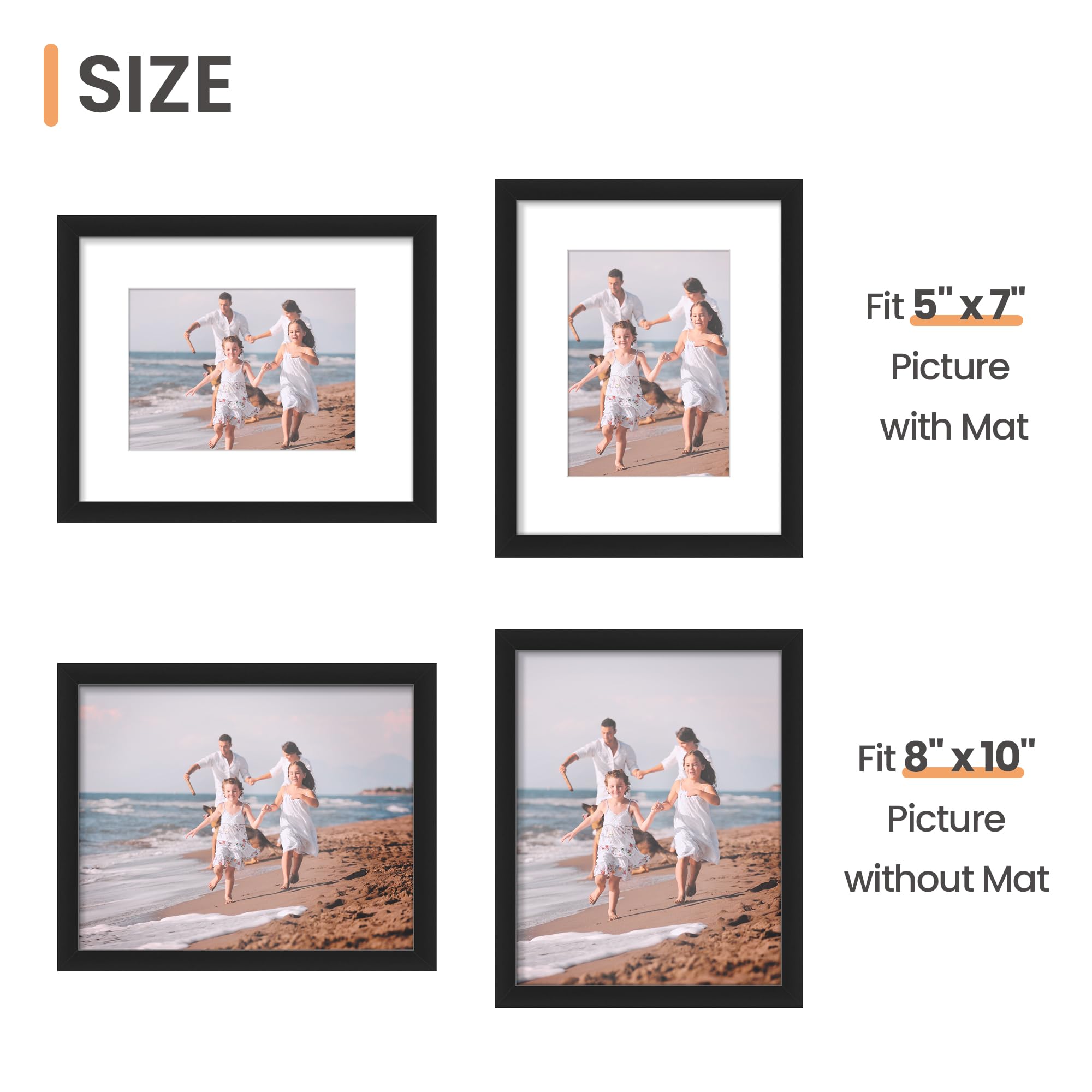 upsimples 8x10 Picture Frame Set of 3, Made of High Definition Glass for 5x7 with Mat or 8x10 Without Mat, Wall Mounting Photo Frames, Black