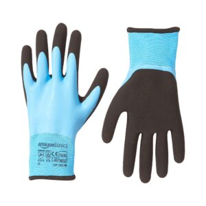 amazon basics 15 gauge polyester nitrile fully coated, sandy nitrile palm coated outer size 9,l, 2-pair, blue