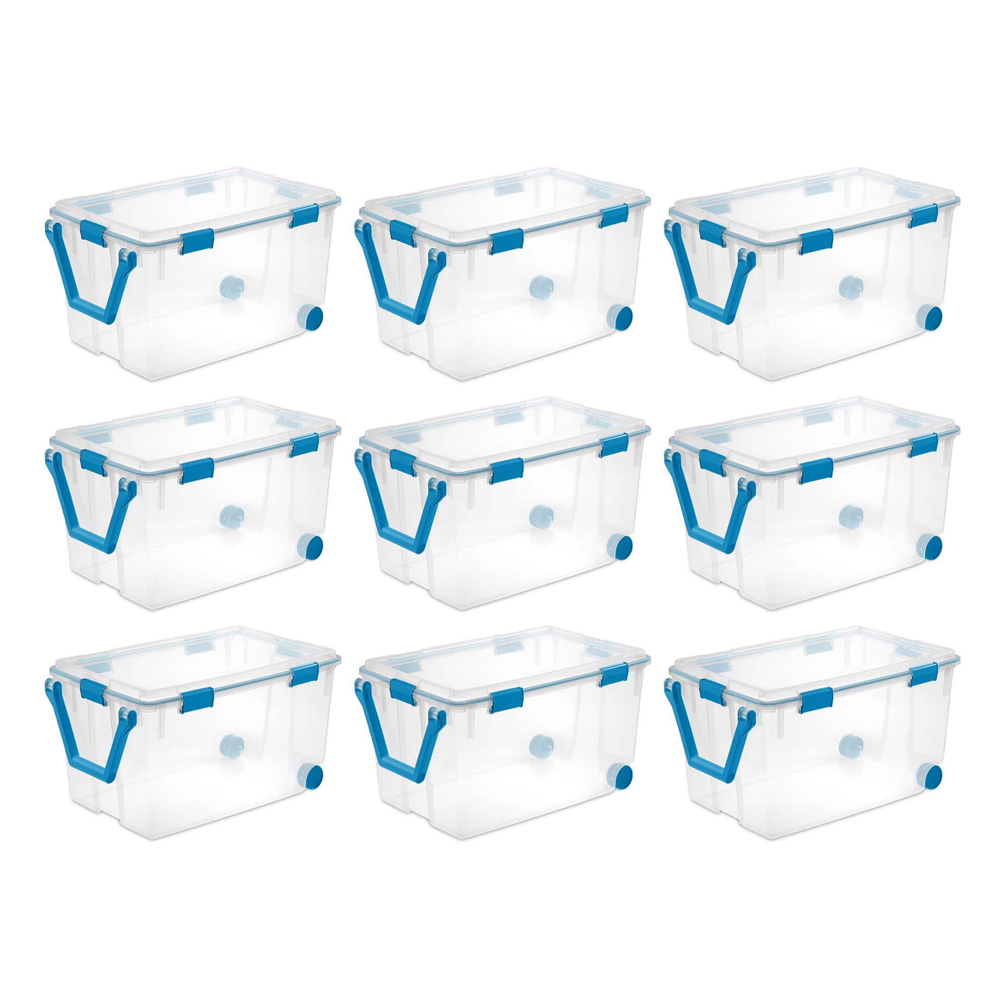 Sterilite 120 Qt Wheeled Gasket Box, Stackable Storage Bin with Latching Lid, Handle and Tight Seal, Plastic Container with Clear Base and Lid, 9-Pack